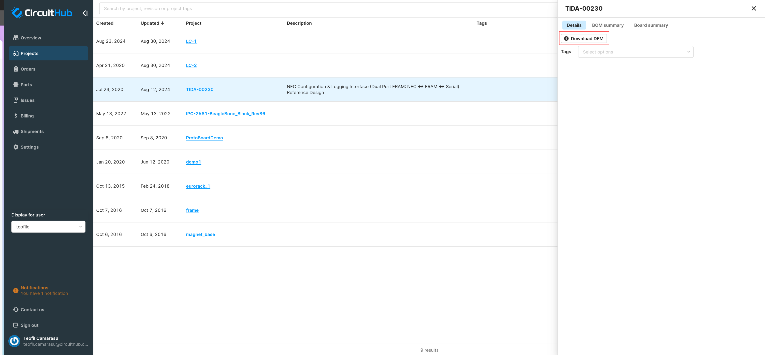 Showing the DFM on the Projects page | CircuitHub Changelog